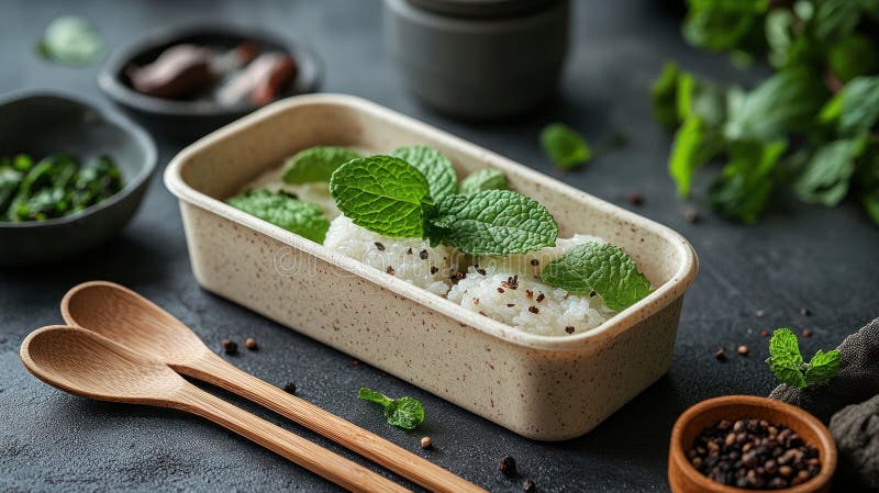 Eco-Friendly Beige Lunchbox with Wooden Cutlery and Mint Leaves Stock ...