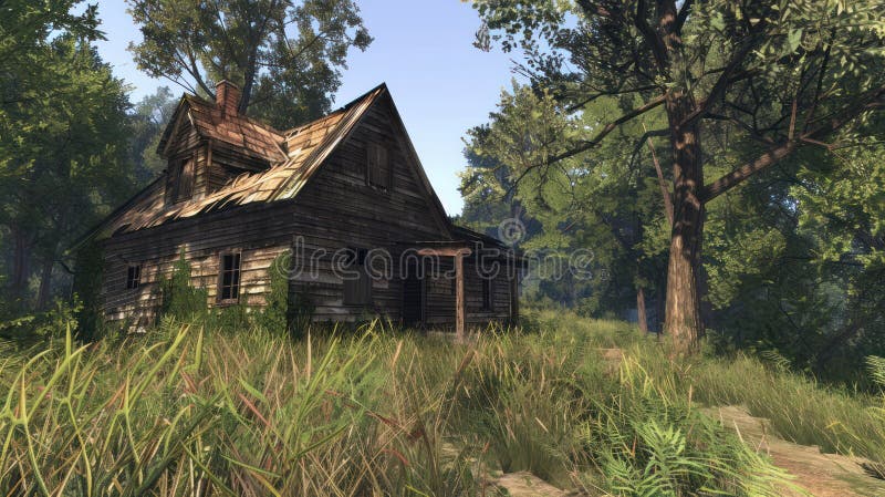 Desolate Abandoned Cabin in Enchanted Forest Stock Illustration ...