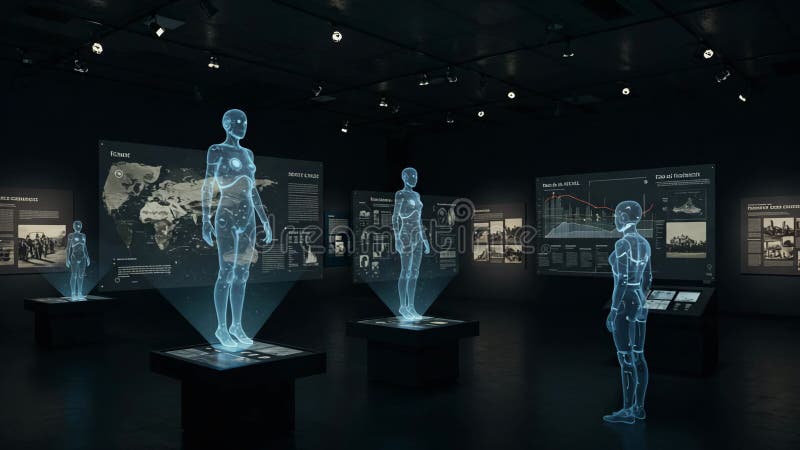 Holographic Human Figures in Modern Museum Exhibit Stock Footage ...