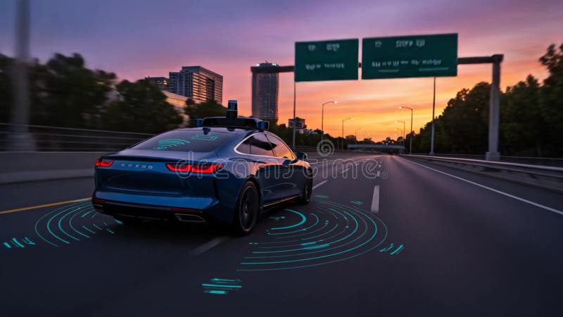 Autonomous Vehicle Driving on Highway at Sunset Stock Video - Video of ...