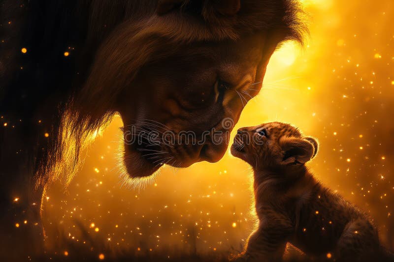 Lioness and Cub Cuddling in Twilight with Fireflies Stock Illustration ...