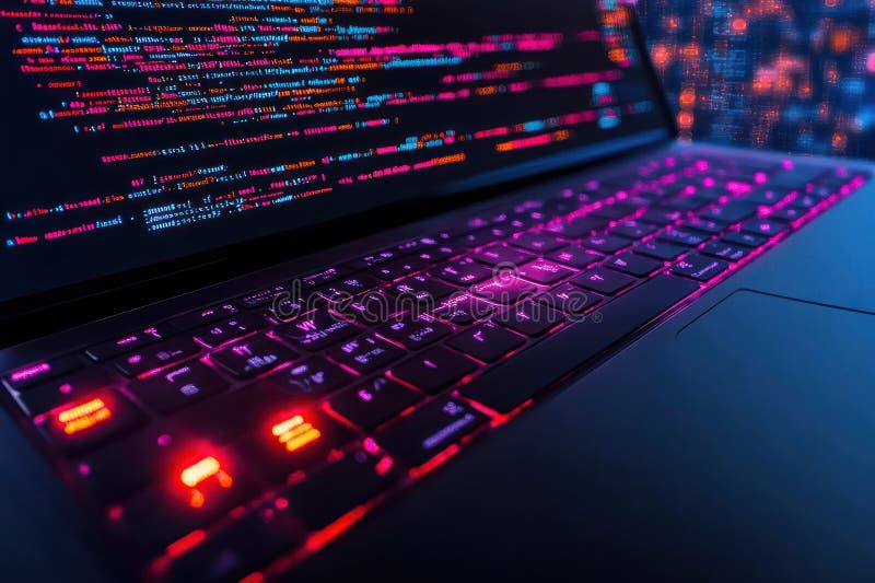 Futuristic Digital Workspace with Coding Programmer in Cyber Environment Stock Illustration ...