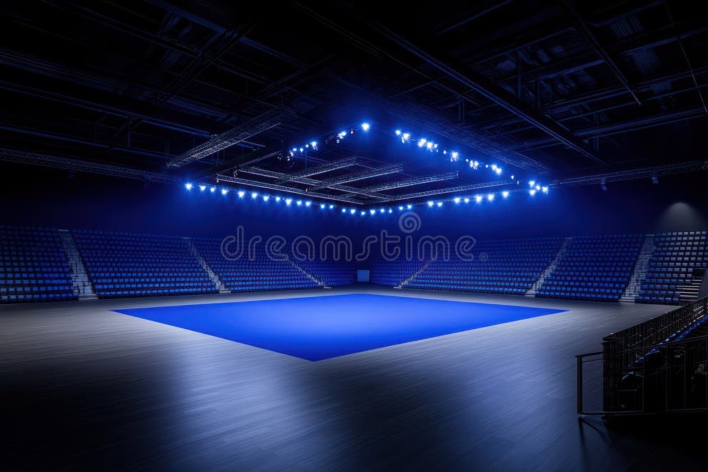 Empty MMA Arena with Complete Stands Under Lighting Viewed from Side ...