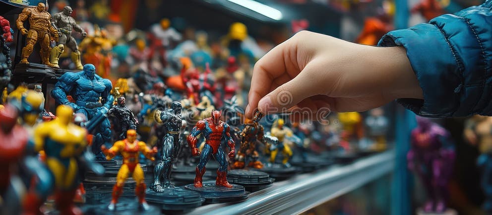 Passionate Collector Examining Colorful Action Figures in Closeup Shot ...