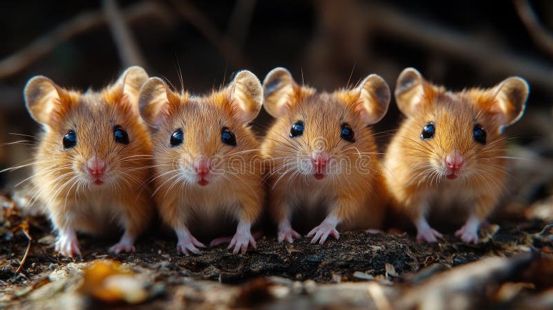 Group of Five Small Brown Mice in a Transparent Container Stock Image ...