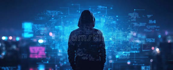 Mysterious Hacker Standing in Dark with Digital Code and Binary Numbers ...