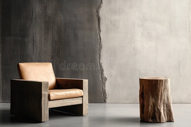 Rustic Nomadic Loft Interior with Stump Side Table and Wooden Lounge ...