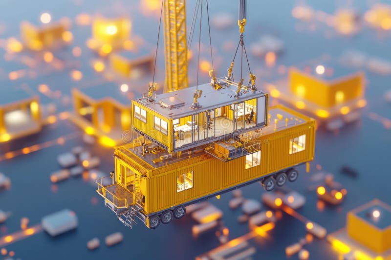 Crane Trucks Transporting Mobile Office Buildings for Construction Site ...