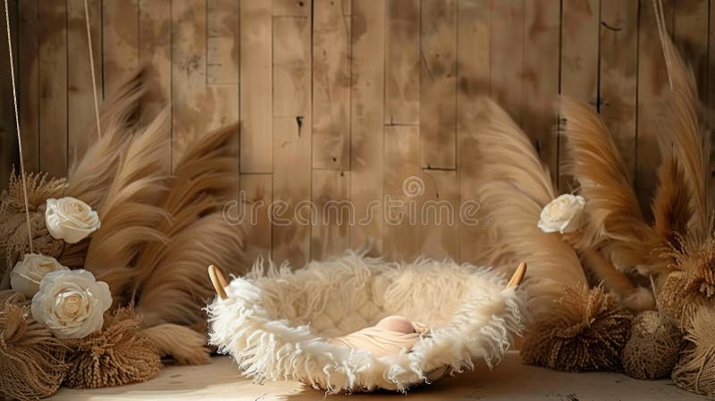 Cozy Newborn Photography Background with Fluffy Round Moses Bed Stock ...