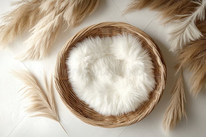 Cozy Newborn Photography Background with Fluffy Round Moses Bed Stock ...
