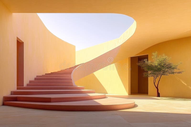 Curved Stairway in Sunlit Sand-Colored Building in the Desert Stock ...