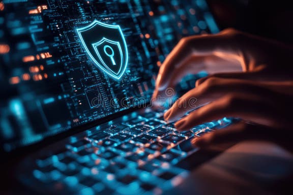 Hands Typing on Laptop Keyboard with Digital Security Shield and ...