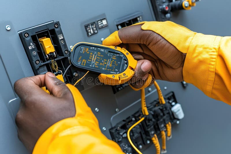Electricity Maintenance Service Engineer Checking Voltage at Circuit Breaker Terminal with ...