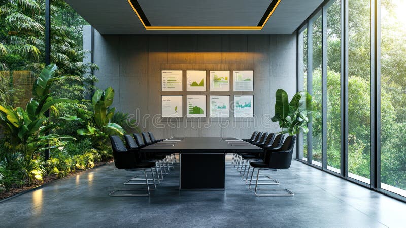 Eco-Friendly Conference Room with Financial Charts and Forest View ...
