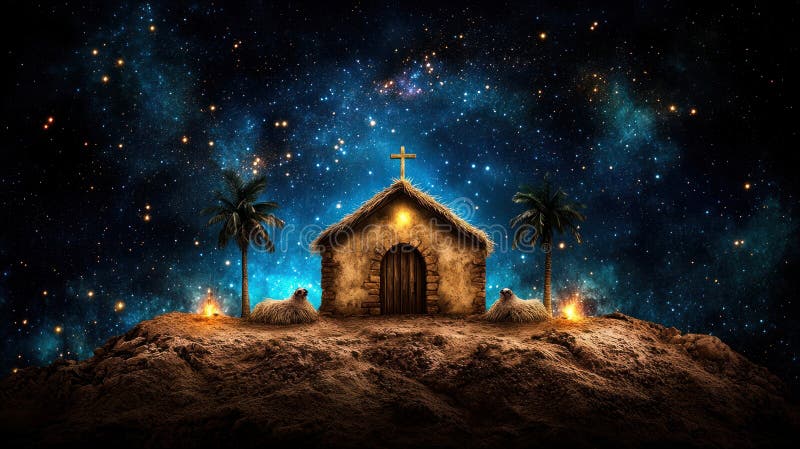 Wooden Stable Under Starry Night Sky, Jesus Christ Birth Nativity Scene ...