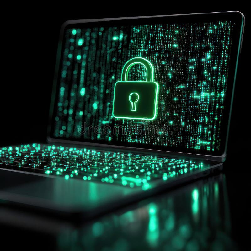 Cyber Security Concept: Laptop with Green Glowing LED Padlock for Data ...