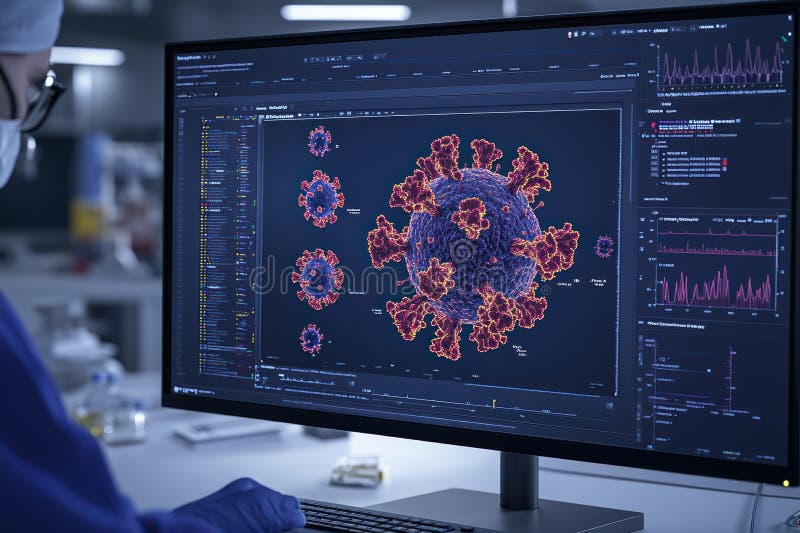 Scientist Examining Virus Samples on Monitor Stock Illustration ...