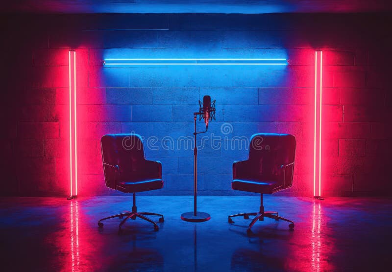 Podcast Setup with Two Chairs, Microphones, and Neon Lighting in Dark ...