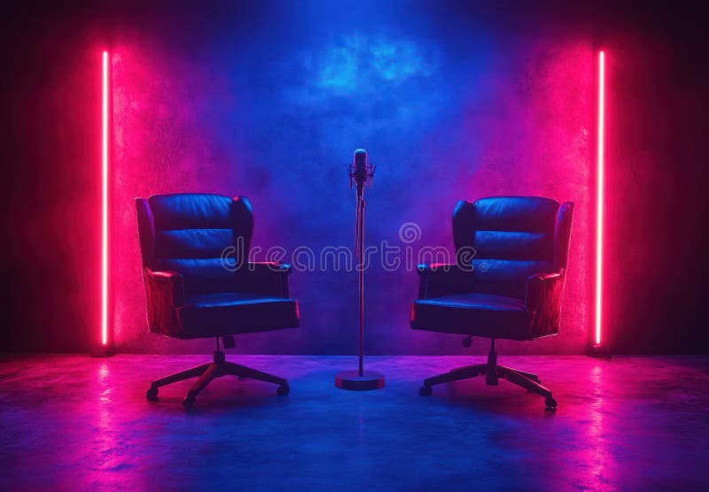 Podcast Setup with Two Chairs, Microphones, and Neon Lighting in Dark ...