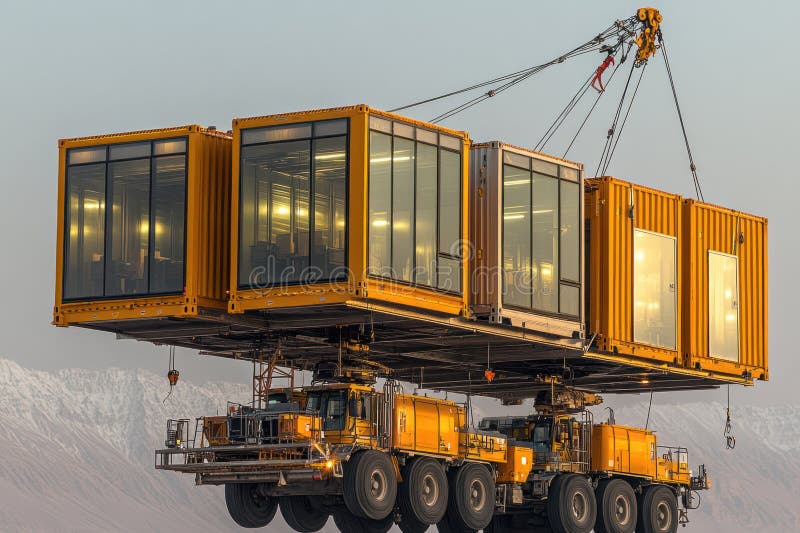 Construction Site Mobilization with Crane Trucks Transporting Mobile ...