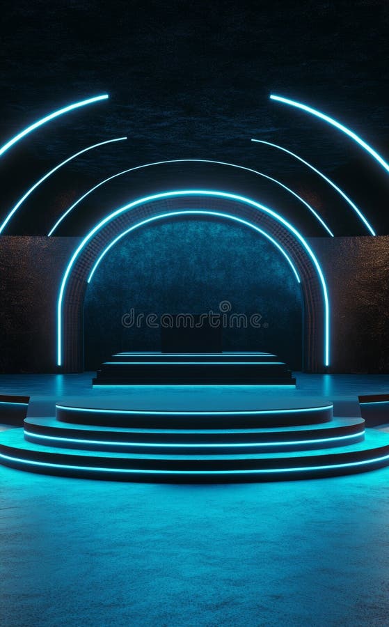 Futuristic Neon Circle Portal Blue Lighting Stage Platform Stock Photos ...