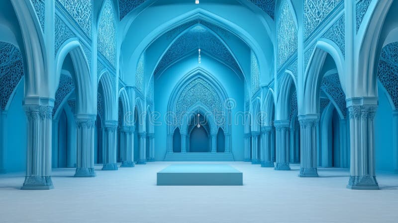 The Description Includes a Blue Studio Podium, an Arch Background, and ...