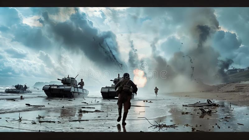 Dramatic War Scene: Soldiers Evacuating Beach Under Tank Fire Stock ...