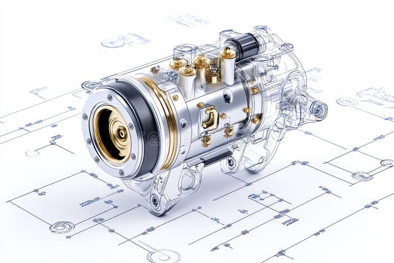 Detailed Metallic Car Engine Technical Drawing with Mechanical Parts ...