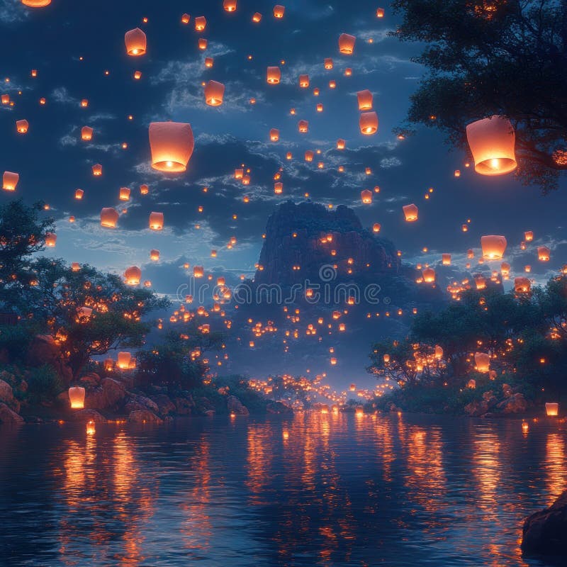 Enchanting Night Sky with Floating Paper Lanterns - AI Generated ...