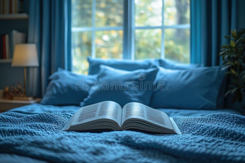 An Open Book Rests on a Bed Near a Candle, Creating a Serene Atmosphere ...