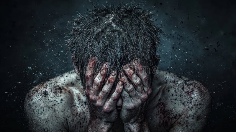 Despairing Figure with Hands Covering Face in Chaotic Background Stock ...