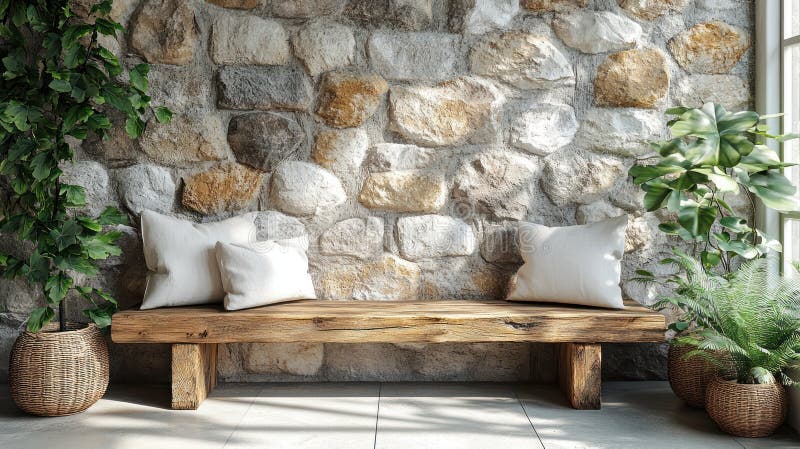 Rustic Wooden Bench Near Stone Cladding Wall in Modern Farmhouse ...
