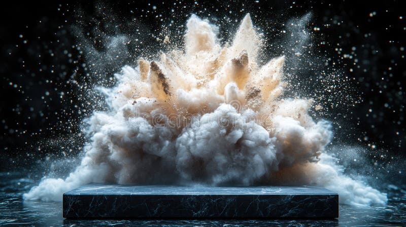 Beige Powder Explosion Above Stone Podium on Black Background Stock ...