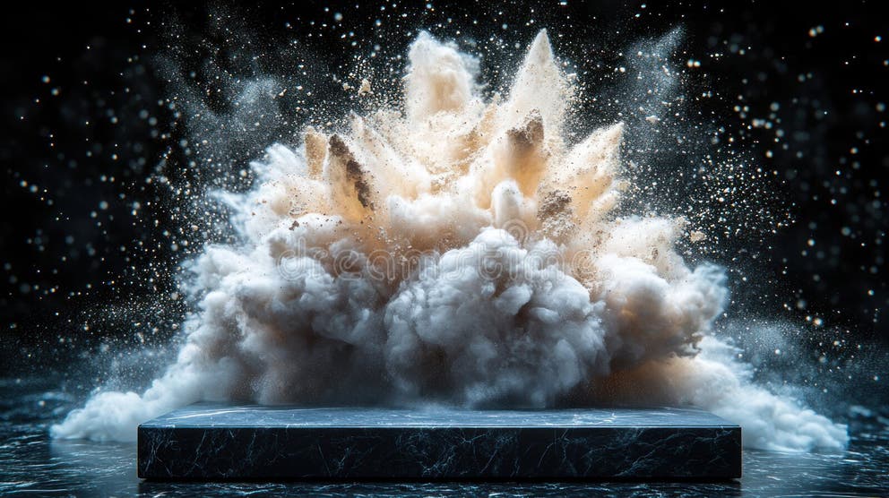 Beige Powder Explosion Above Stone Podium on Black Background Stock ...