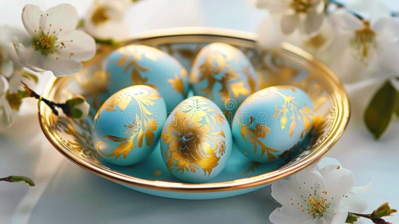 Luxurious Easter Table Setting with Gold and Robin Blue Eggs and Spring ...