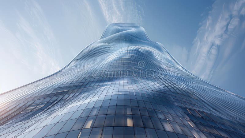 Futuristic Office Skyscraper with Curved Glass Windows in Low Angle ...