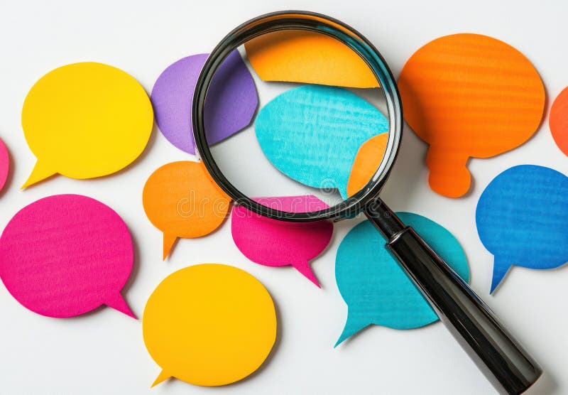 Colorful Speech Bubbles with Magnifying Glass on White Background Stock ...
