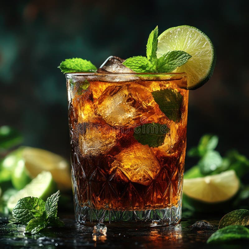 Summer Vibes: Cuba Libre Cocktail with Lime Slice and Mint Leaves in a ...