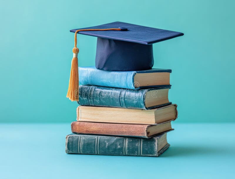 Graduate School Mockup: Cyan Background with Books and Graduation Cap ...