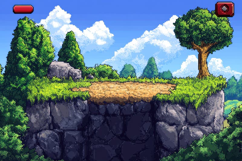 Retro Pixel Art Game Background with Level Up Button - Vector ...