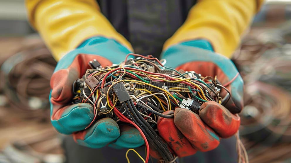 Worker Holding Tangled Electrical Wires, Highlighting E-waste Issue in ...