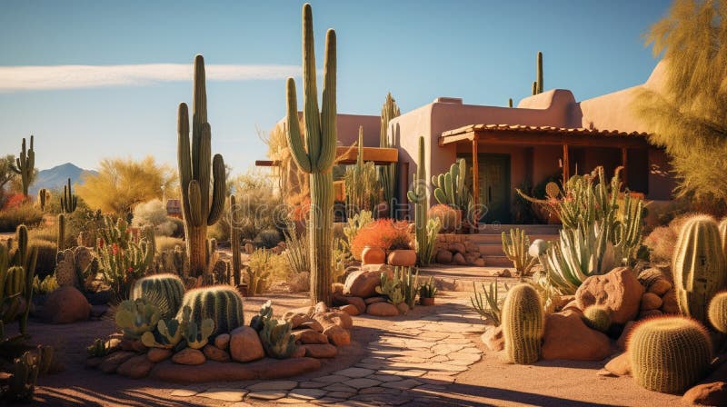 A Desert Adobe House with Cacti in the Front Yard Under a Blazing Sun ...