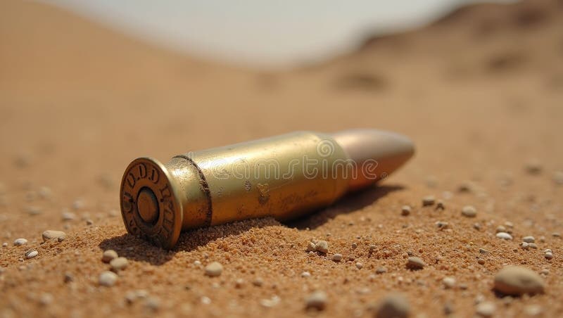 Desert Battlefield with Bullet Casing in Sand Reflecting Midday Sun ...