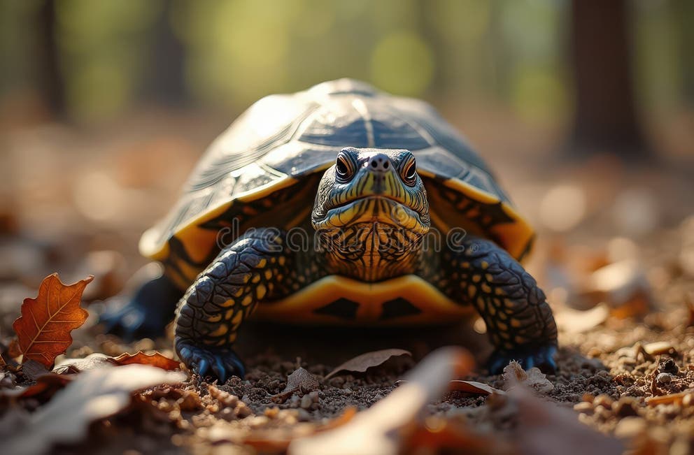 A Desert Box Turtle Roaming through a Patch of Dry Leaves in a Sparse ...