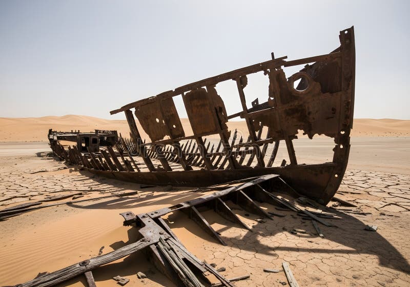 Desert-Buried Ship Skeleton Under Harsh Sun Stock Illustration ...