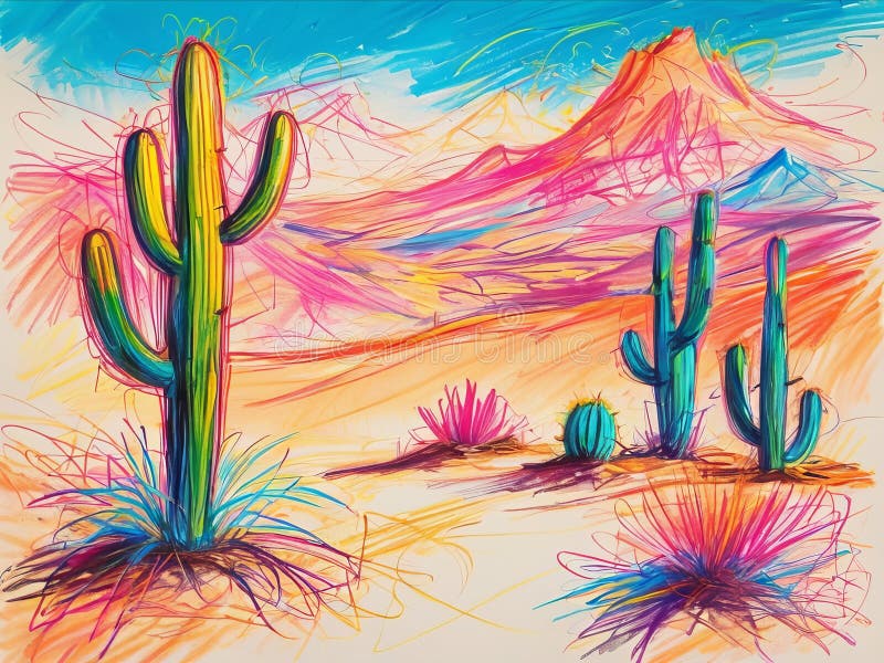 Desert with Cactus in Chaotic Wax Crayon Drawing Style Stock Photo ...