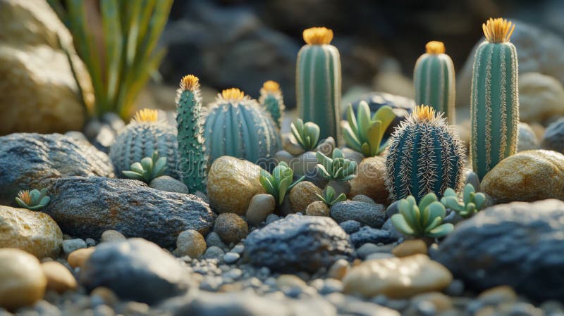 Desert Cactus Garden Rocks Sunlight Bloom Stock Illustration ...