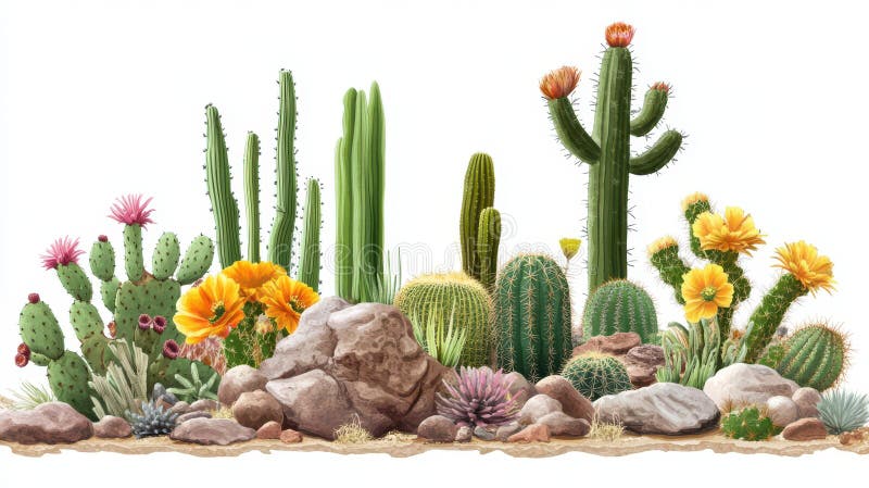 Desert with Cactus Plants and Rocks Stock Illustration - Illustration ...