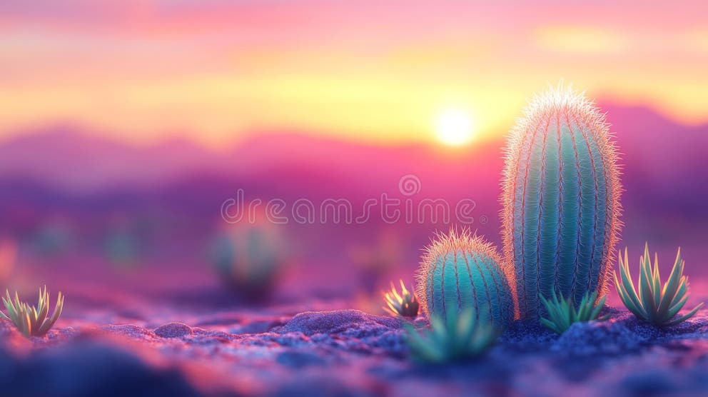 Desert Cactus Sunset Scenic Landscape Stock Illustration - Illustration ...