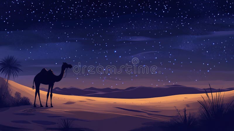 Desert Camel Night Starry Sky Landscape Travel Stock Image - Image of ...